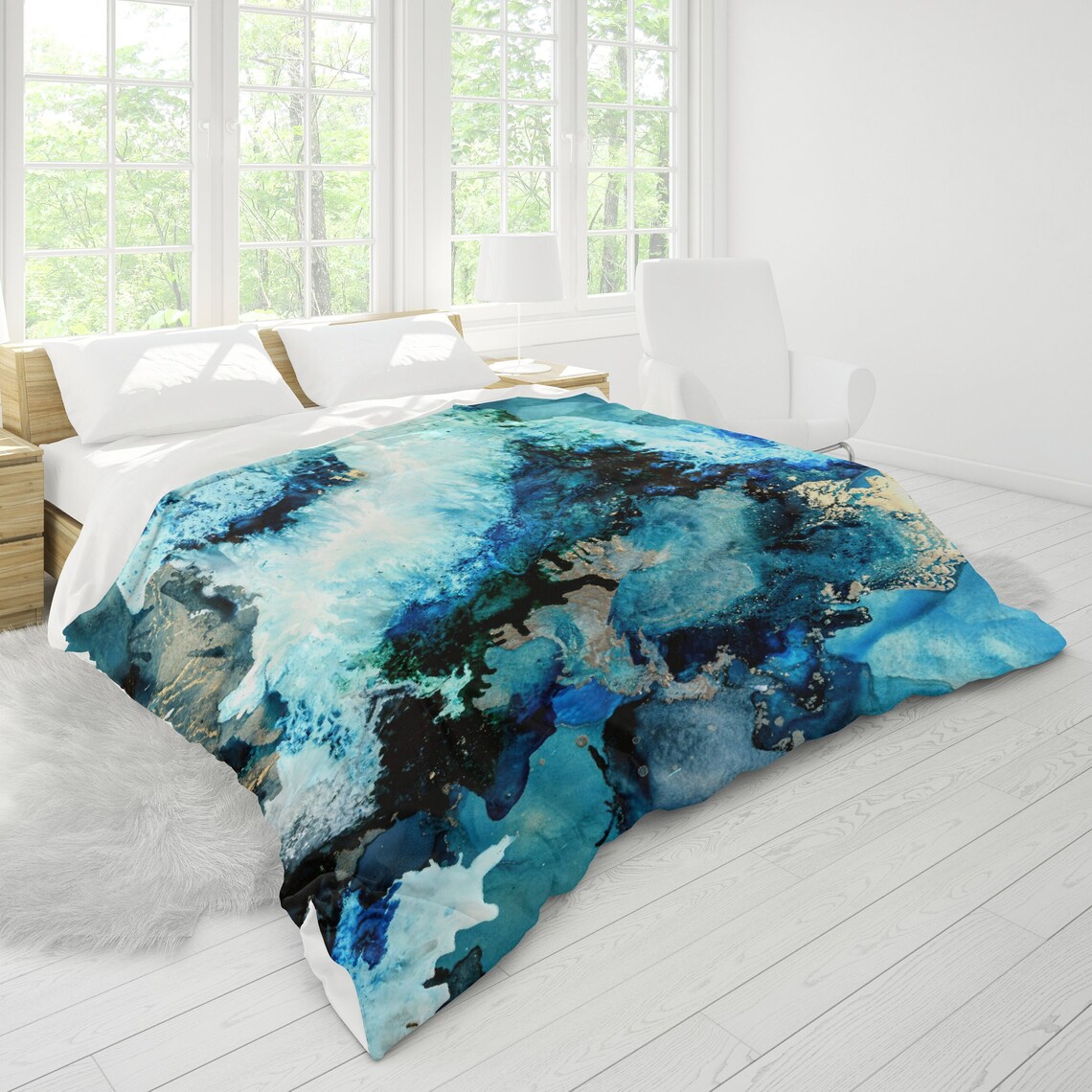 Blue Abstract Art Comforter, All Seasons Alcohol Ink Bedding, Twin ...