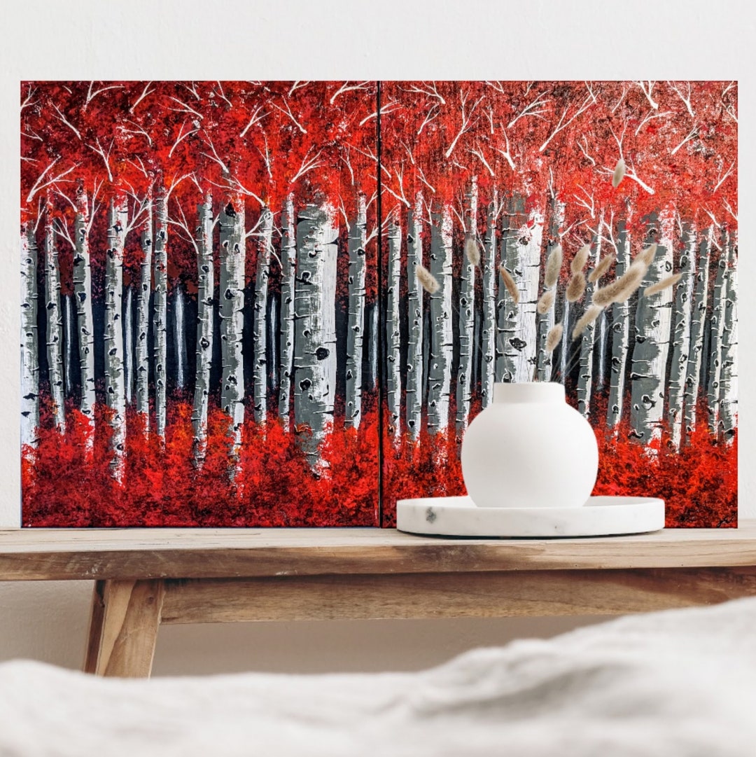 Original 'red Aspens' Abstract Tree Painting, Forest Autumn Fall Modern ...