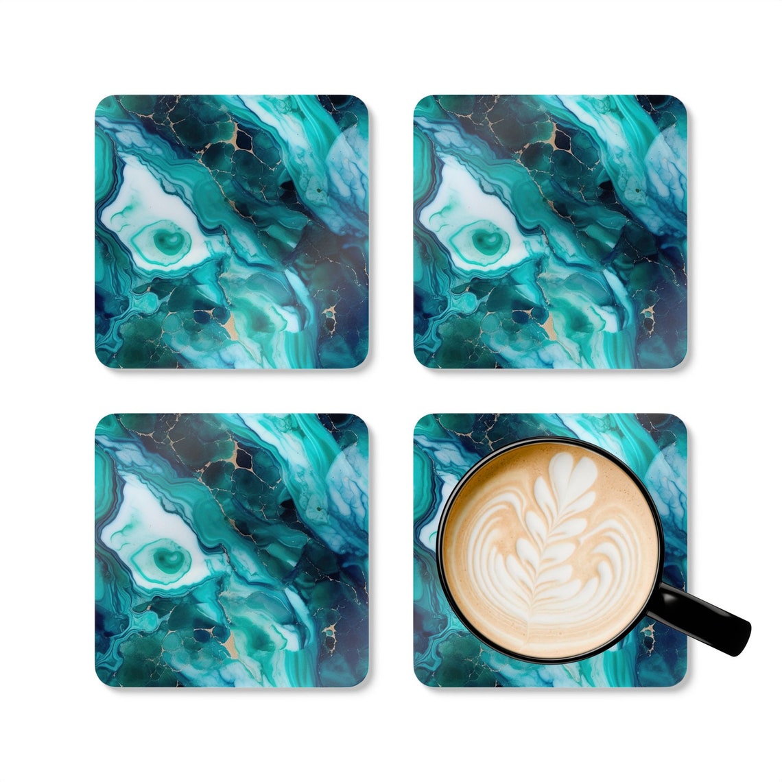 Set of 4 Turquoise Marble Coasters | Abstract Teal Marble Design Square ...