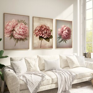 Blush Pink Floral Wall Art Set of 3 Prints Peony Home Decor Flower ...