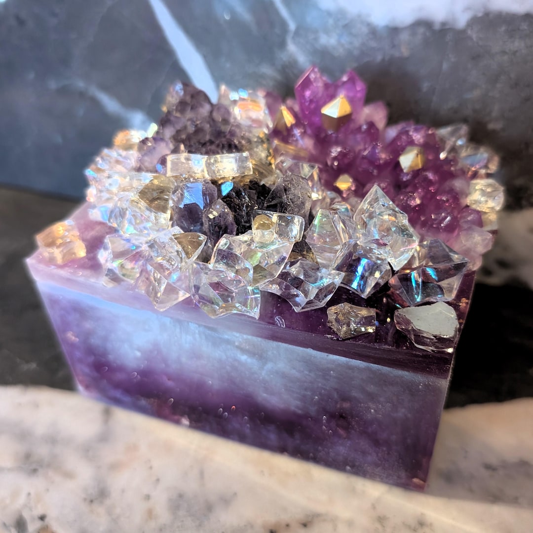 Purple Amethyst Crystal Cluster Jewelry Box | Geode Marble Resin ...