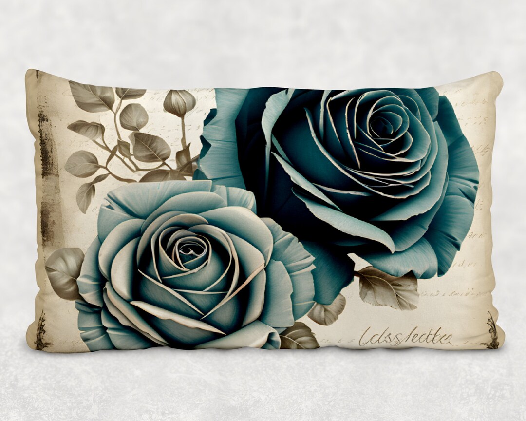 Light Blue ROSES Shabby Chic Lumbar Pillow Floral Farmhouse Decor ...