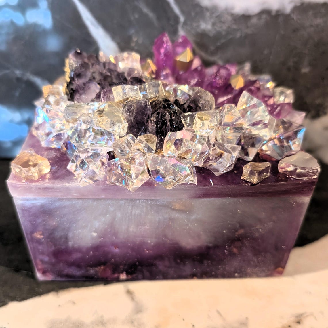 Purple Amethyst Crystal Cluster Jewelry Box | Geode Marble Resin ...