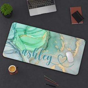 Custom Mint Name Desk Mat, Personalized Alcohol Ink Marble Green Desk ...