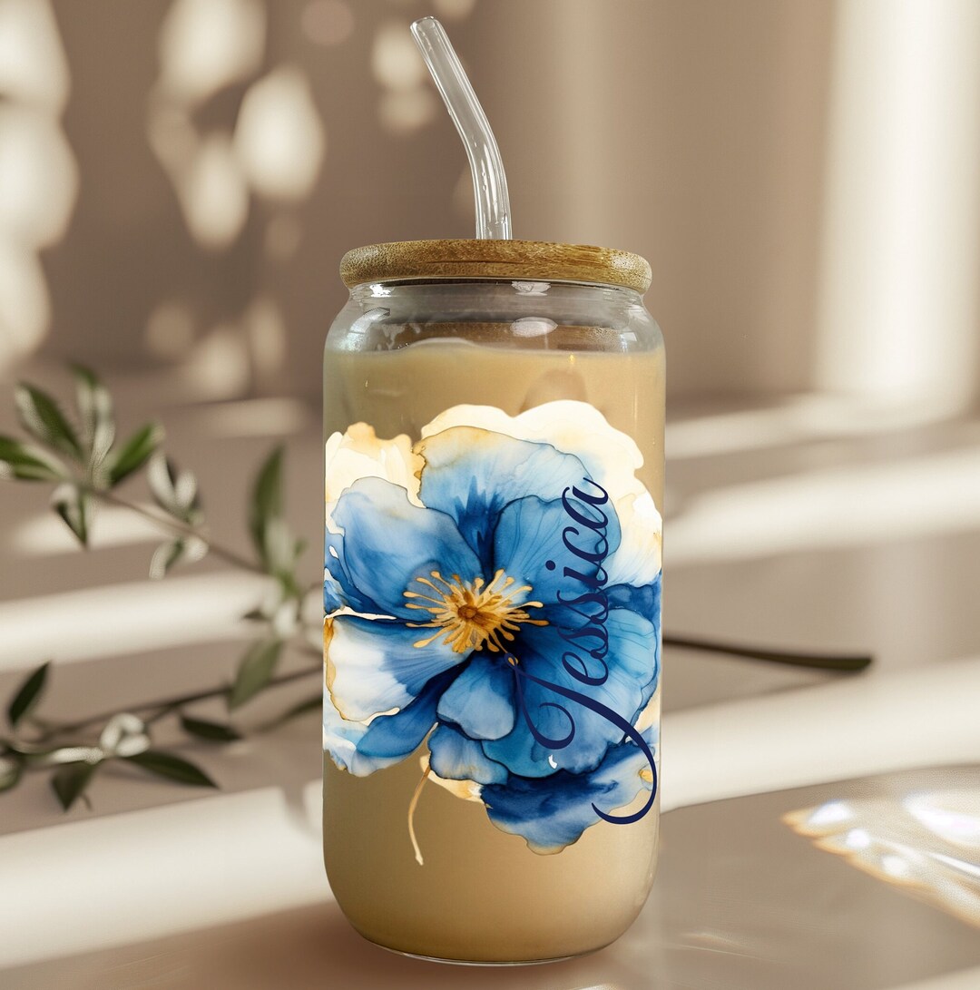 Personalized Iced Coffee Cup | Glass Can Soda Cup With Lid and Straw ...