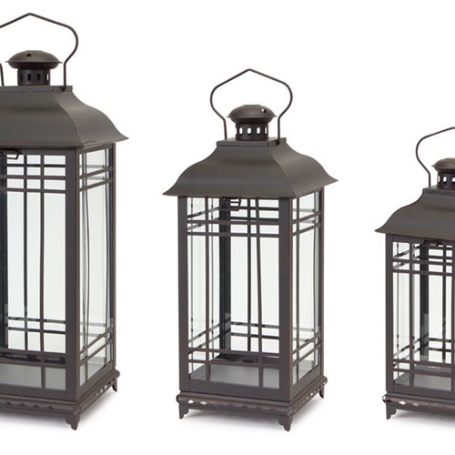 Black Mission Style Metal and Glass Decorative Lanterns set - Etsy