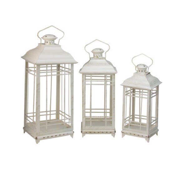 White Mission Style Metal and Glass Decorative Lanterns set - Etsy