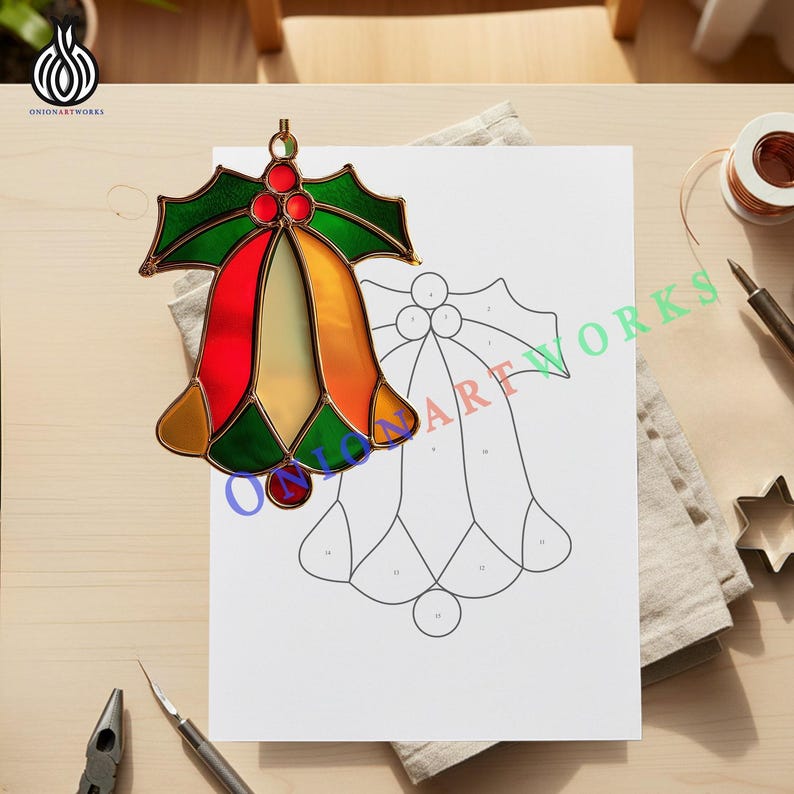 Christmas Bell Stained Glass Pattern | Holly Leaf Suncatcher Template ...