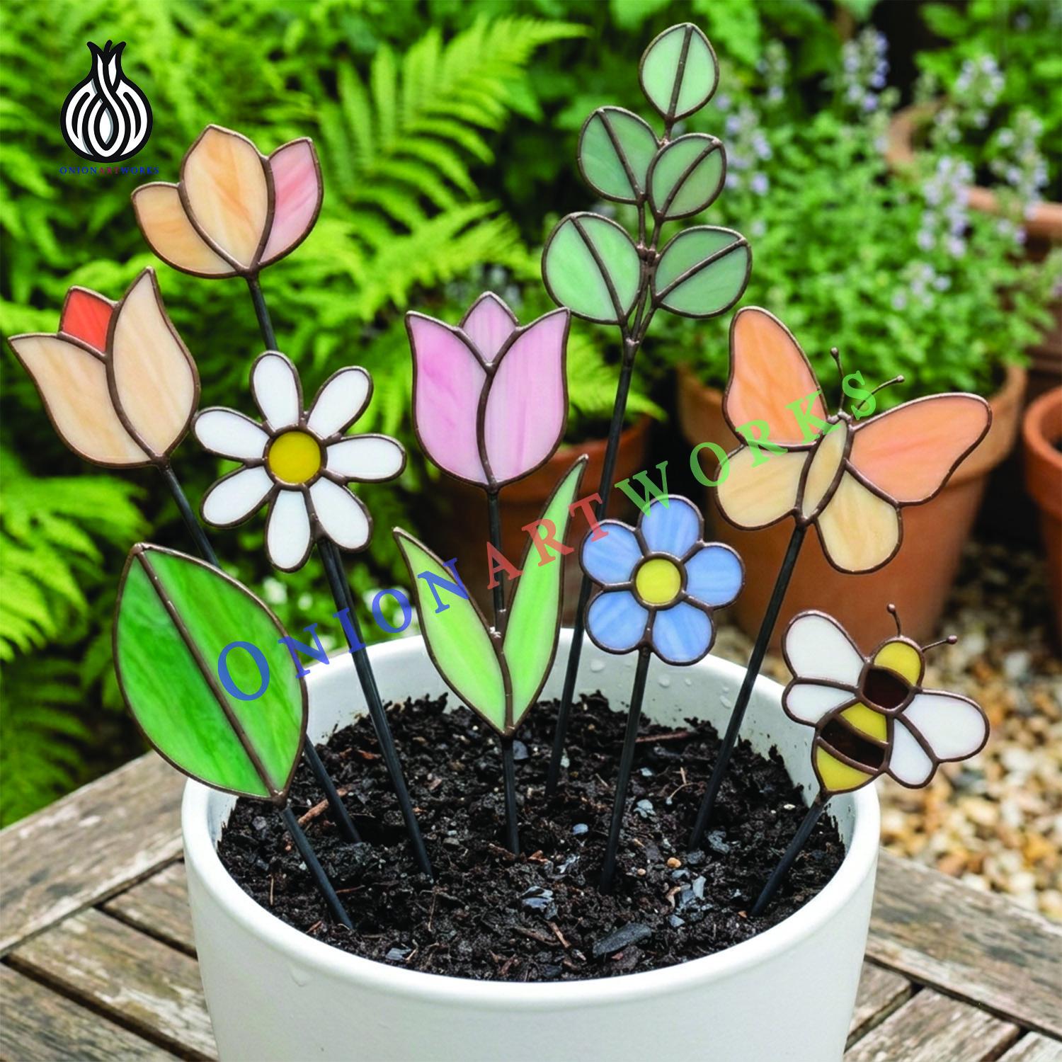 Plant Stakes Stained Glass Pattern Set | Daisy Tulip Leaf Butterfly Bee ...