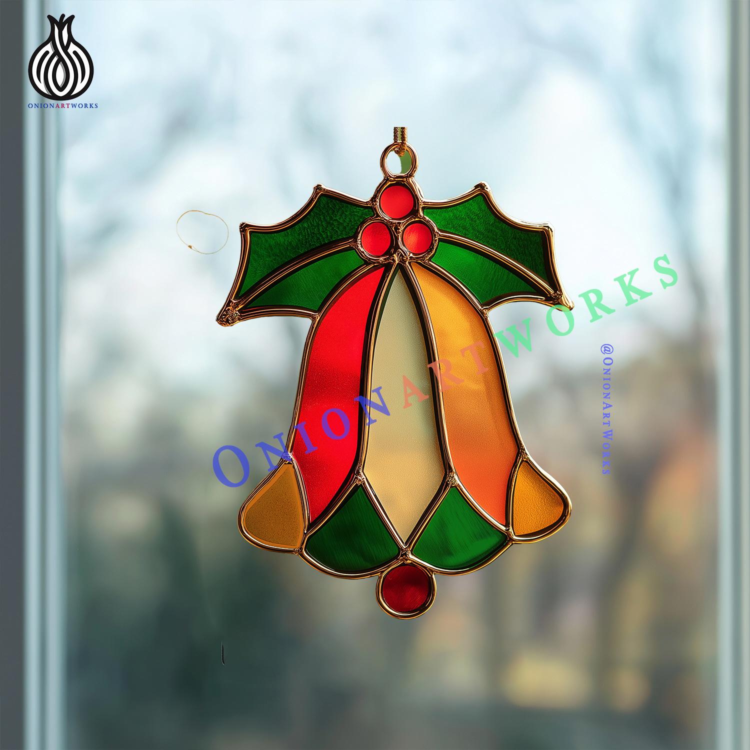 Christmas Bell Stained Glass Pattern | Holly Leaf Suncatcher Template ...