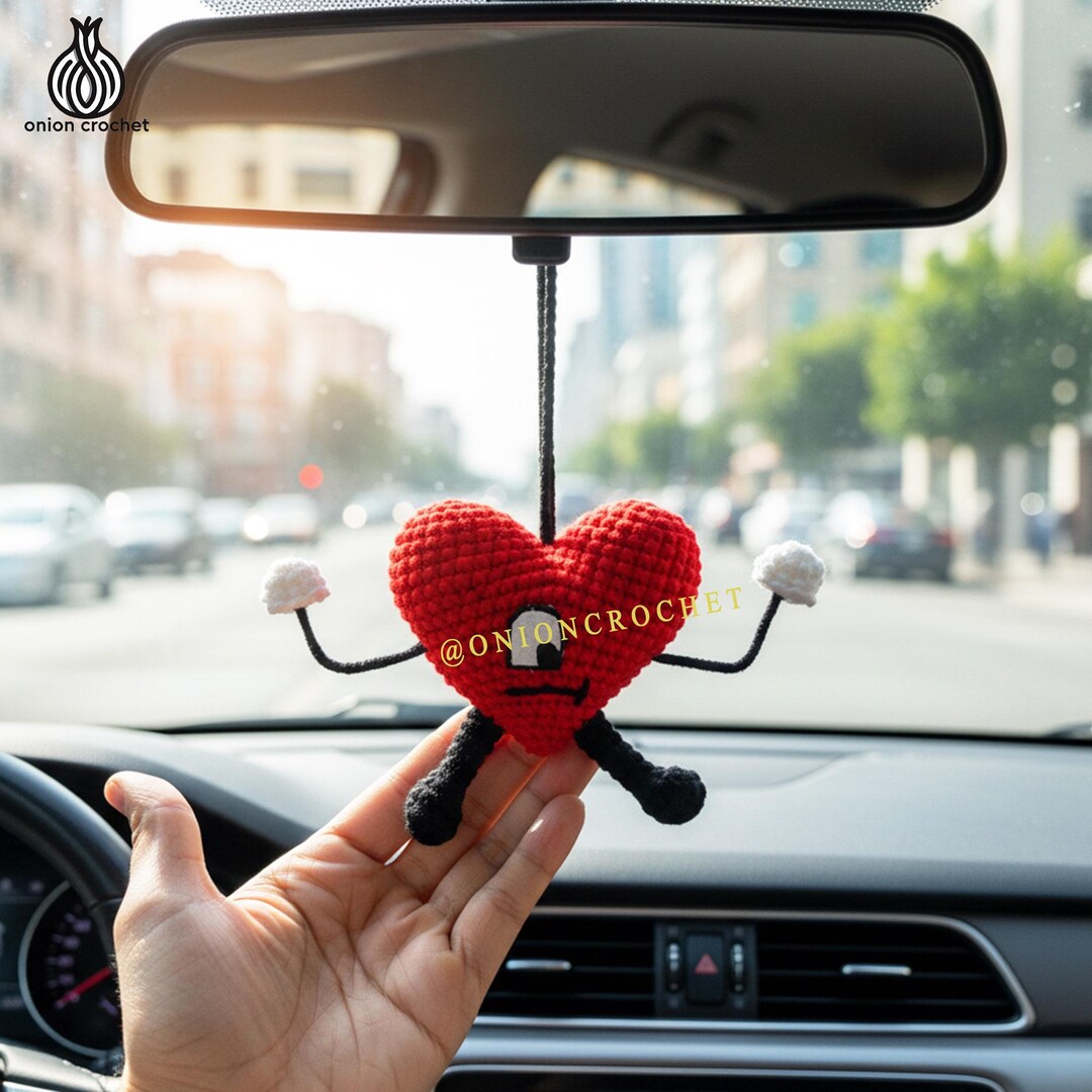 Cute Crochet Heart Car Charm, Amigurumi Heart Keychain, Handmade Car ...