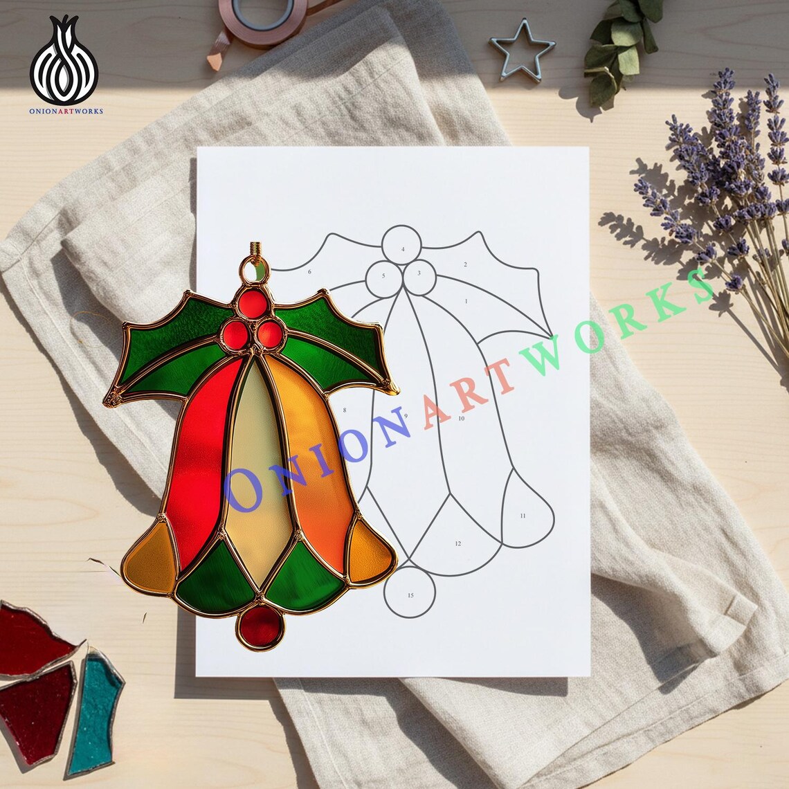 Christmas Bell Stained Glass Pattern | Holly Leaf Suncatcher Template ...
