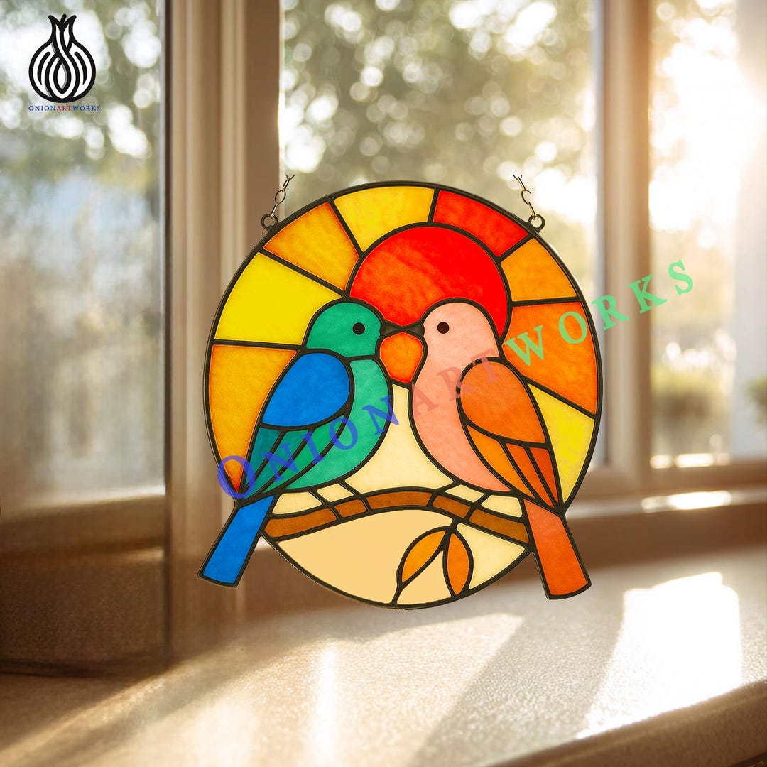 Two Kissing Doves Stained Glass Pattern | Round Love Birds Suncatcher ...