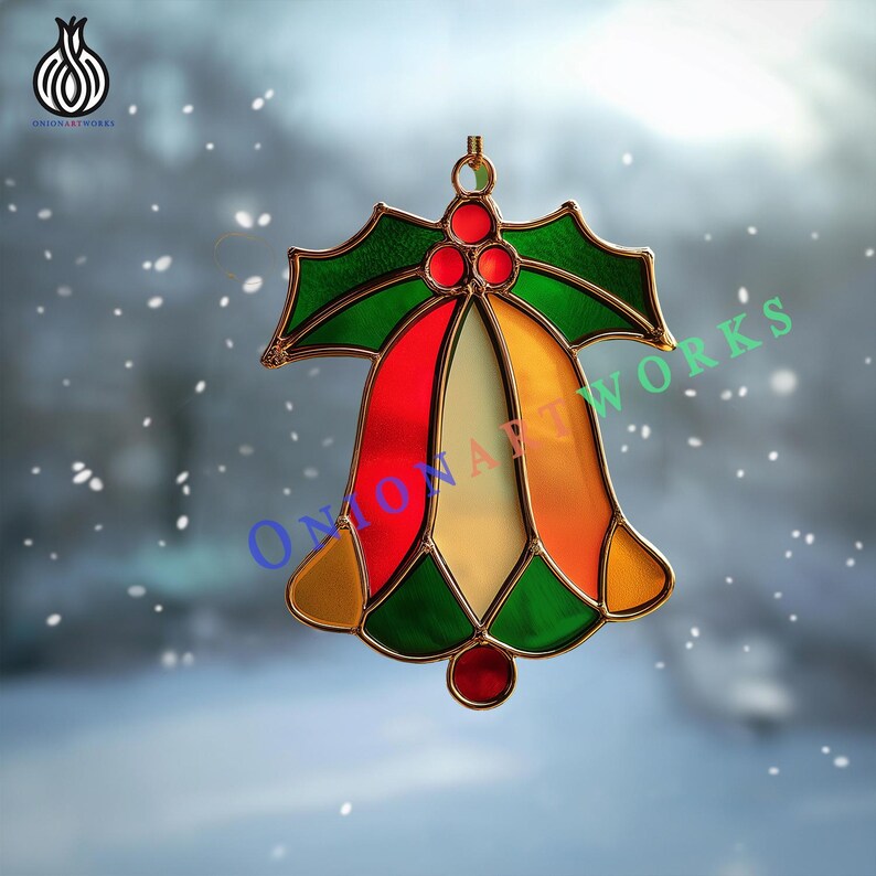 Christmas Bell Stained Glass Pattern | Holly Leaf Suncatcher Template ...