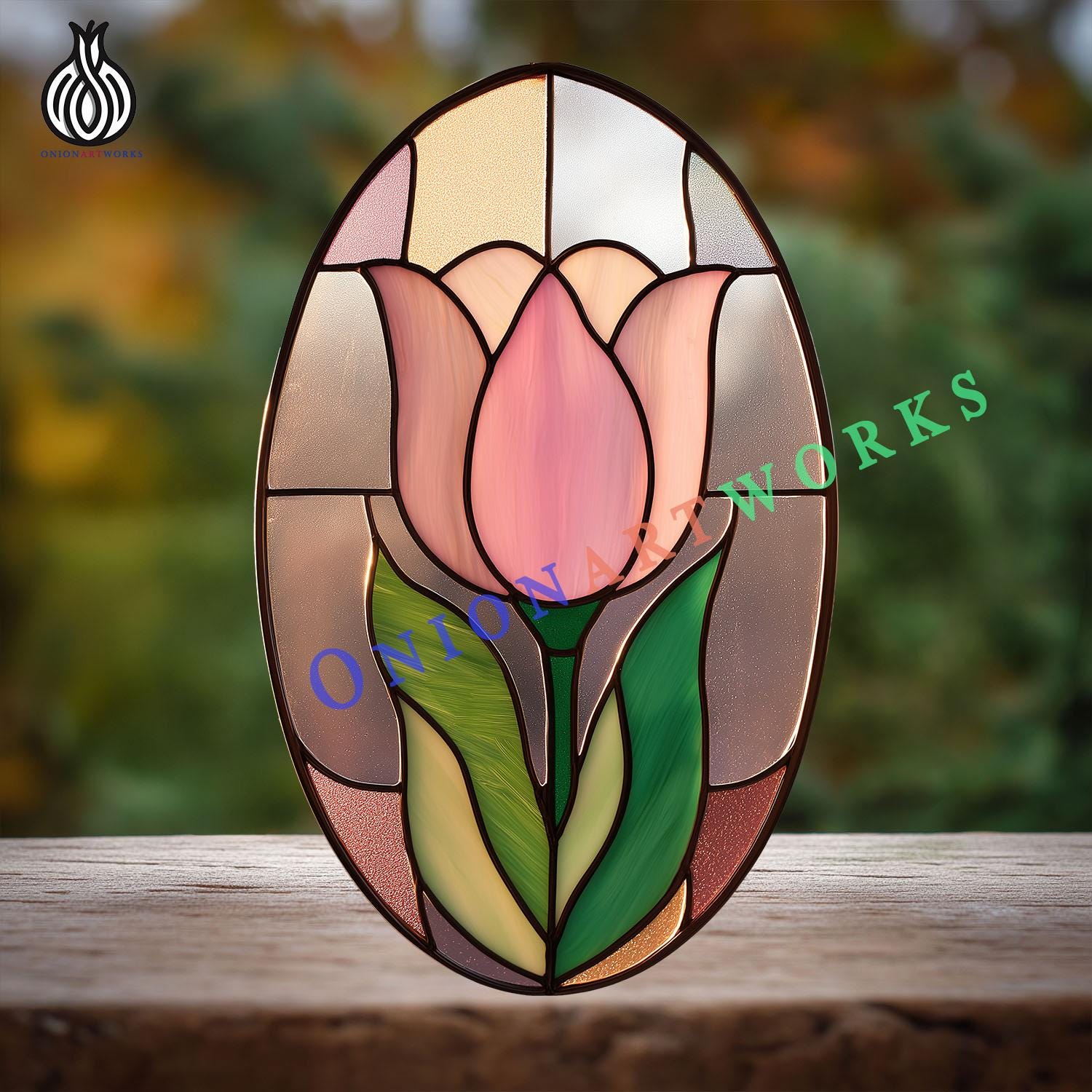 Pink Tulip Stained Glass Pattern | Spring Floral Oval Suncatcher ...