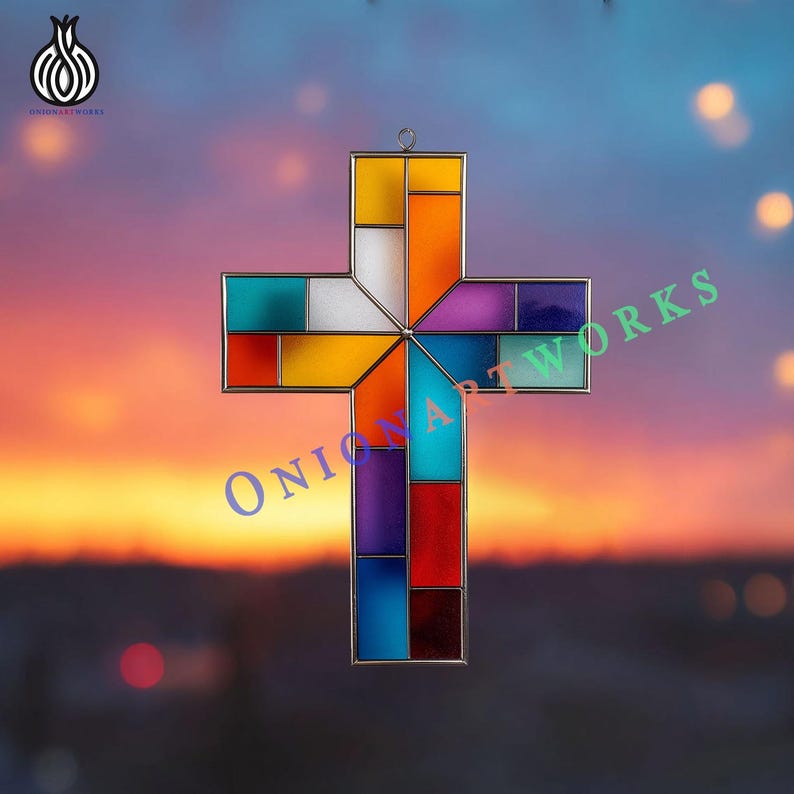 Geometric Cross Stained Glass Pattern | Colorful Christian Suncatcher ...