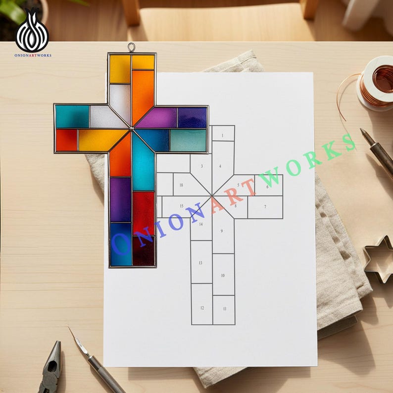 Geometric Cross Stained Glass Pattern | Colorful Christian Suncatcher ...