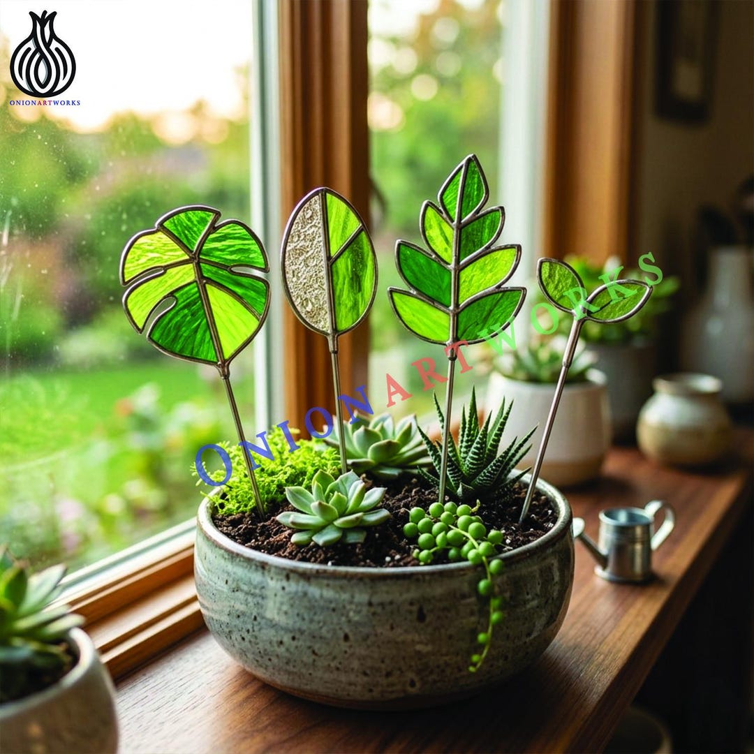Plant Stakes Stained Glass Pattern | Monstera Fern Leaf Glass Template ...