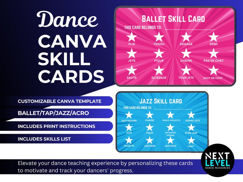 Customizable Jazz, Ballet, Tap, Acro Dance Skill Card, Digital Canvapro ...