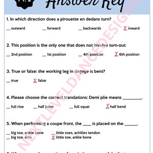 Ballet Vocabulary Quiz Test for Ballet Class With Answer Key - Etsy