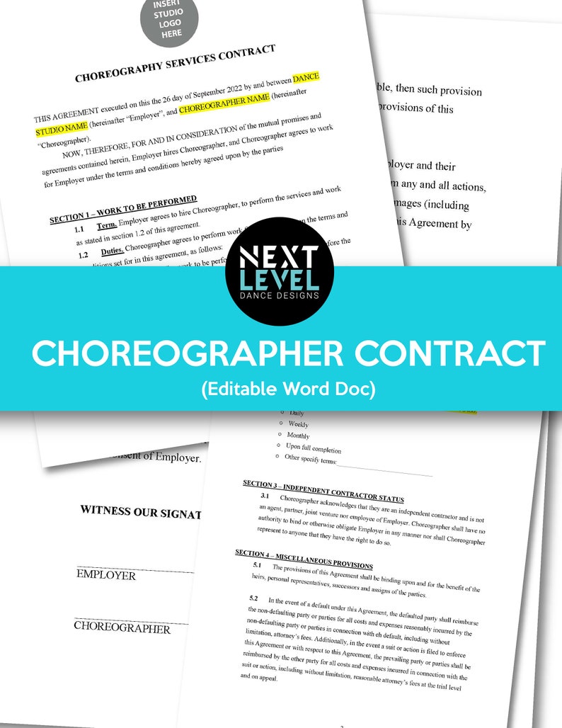 Comprehensive Dance Choreographer Contract Agreement Template, Editable ...