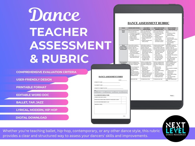 Dance Teacher Assessment and Rubric Form, Dance Class Template ...