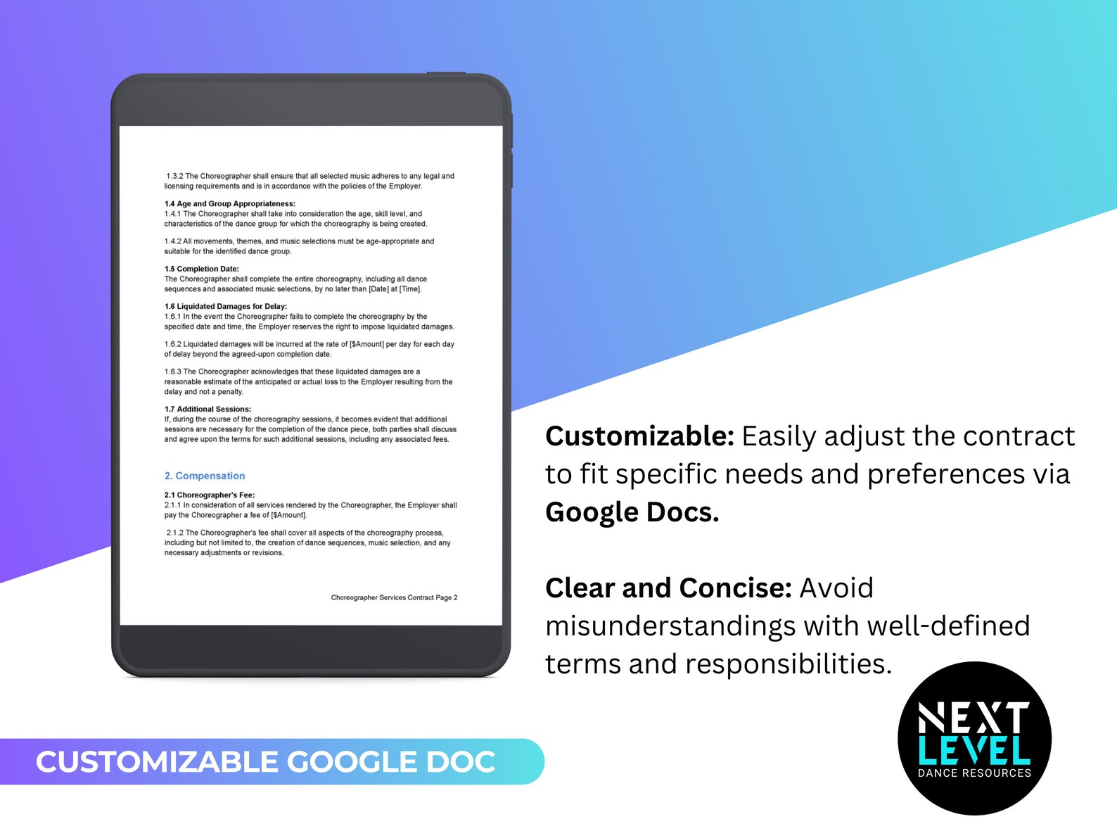 Comprehensive Dance Choreographer Contract Agreement Template, Editable Google Document, Instant ...