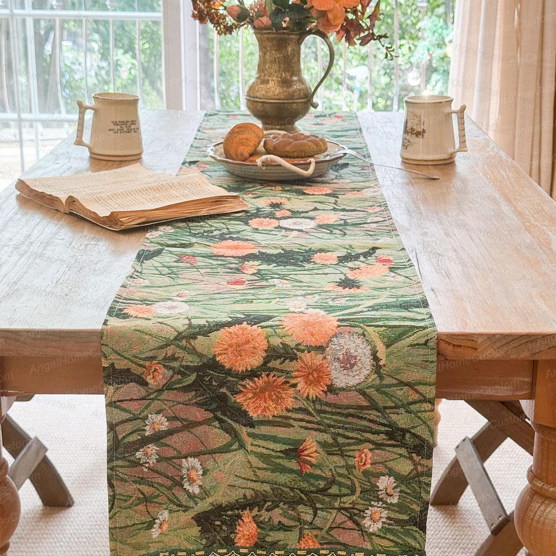 Green Flower Table Runner, Boho Table Runner With Tassels, Wedding ...