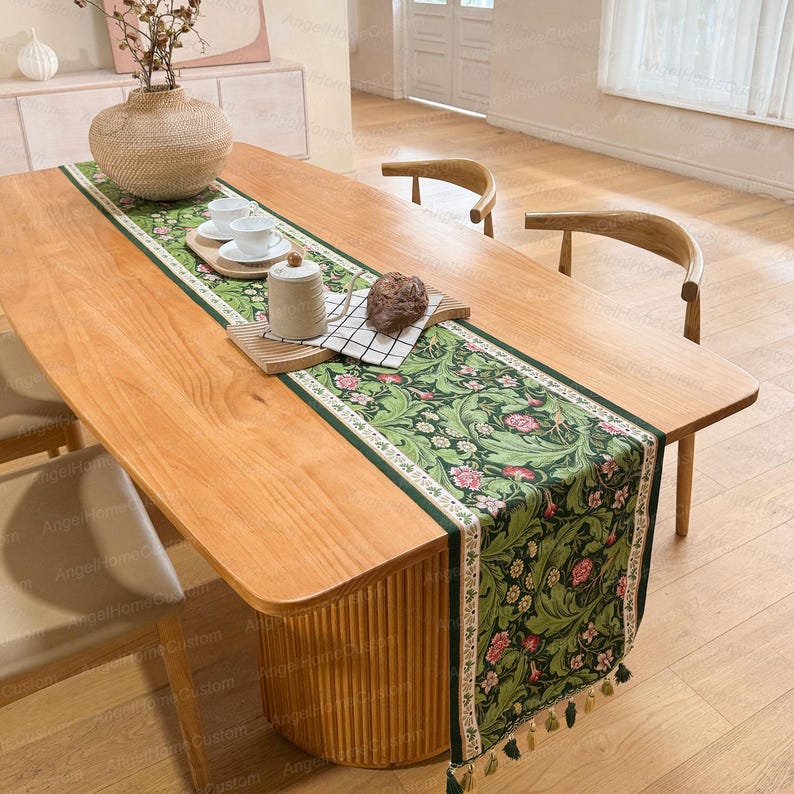 Green Flower Table Runner, Boho Table Runner With Tassels, Wedding ...