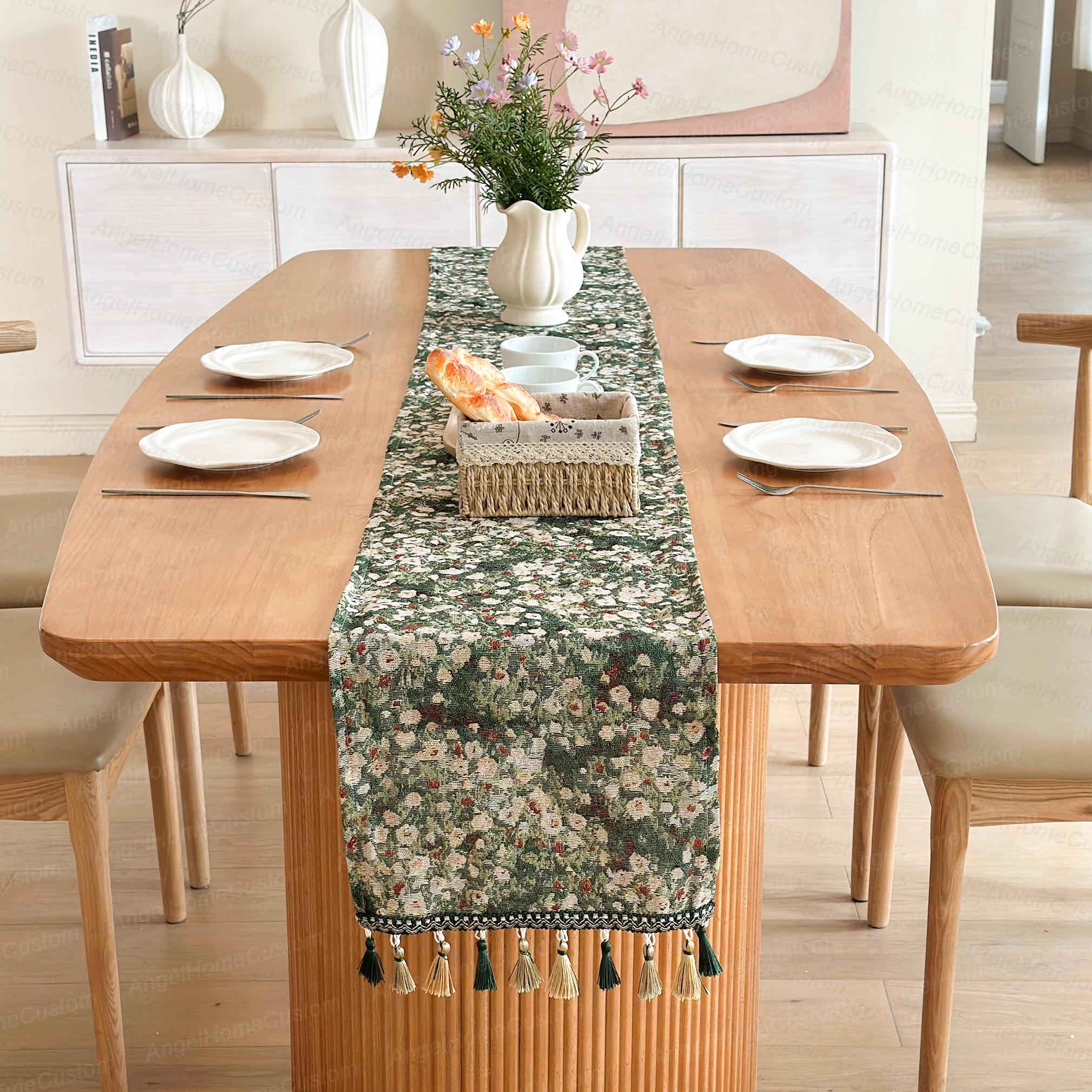 Green Flower Table Runner, Boho Table Cover With Tassels, Farmhouse ...