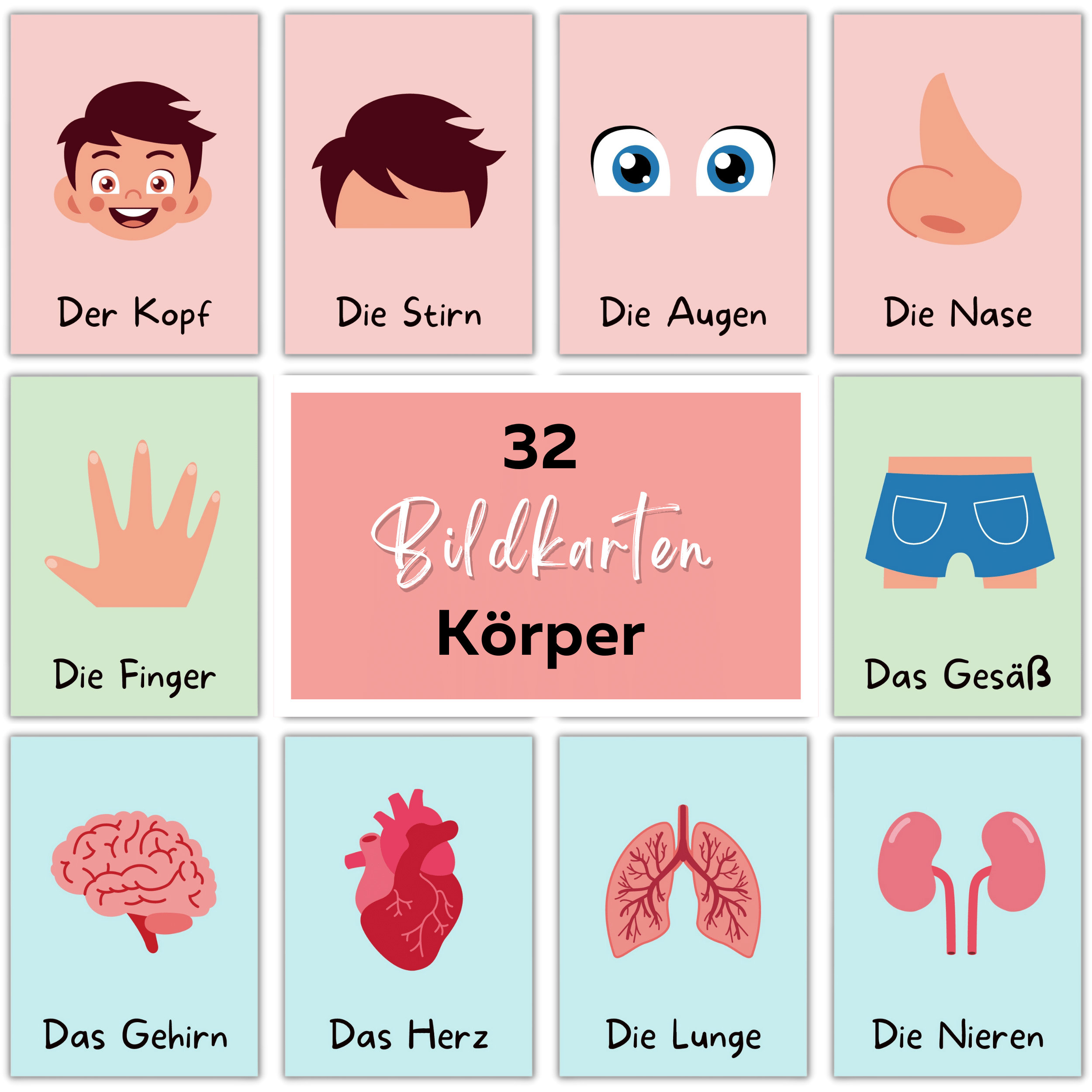 32 Lernkarten Körper, Bildkarten Kinder zum Ausdrucken, Kindergarten ...