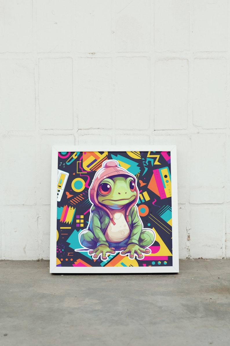 90s Frog Wearing Beanie Geometric Pattern Art Print. Green Toad 1990s ...