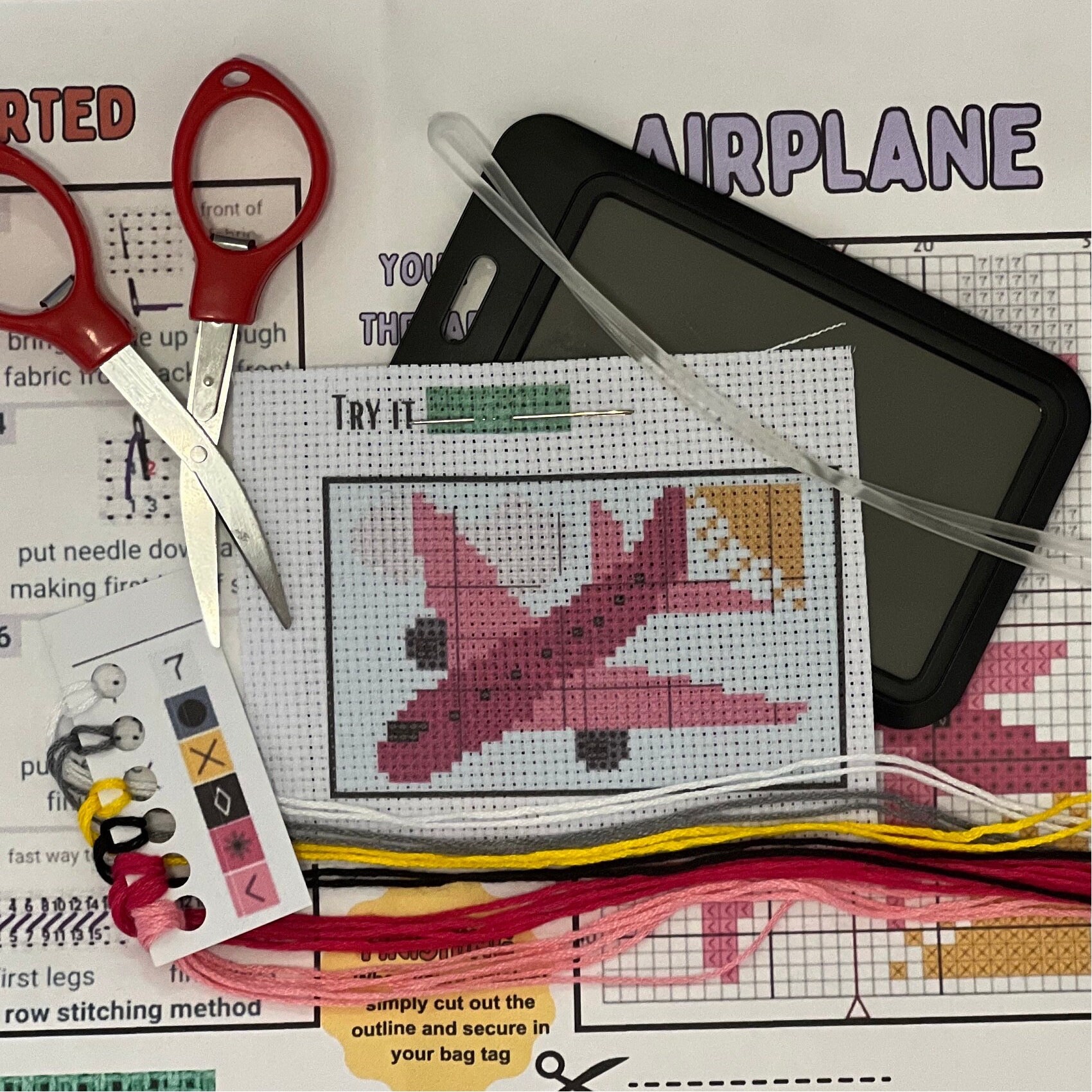 Pink Airplane Mini Stamped Cross Stitch Kit, Embroidered Bag Tag ...