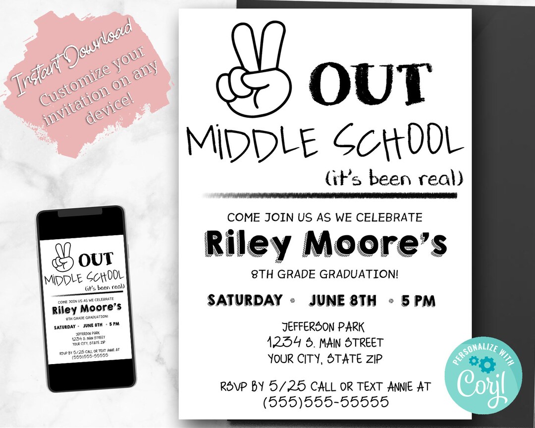 Personalized 8th Grade Graduation Invitation Peace Out Middle School ...