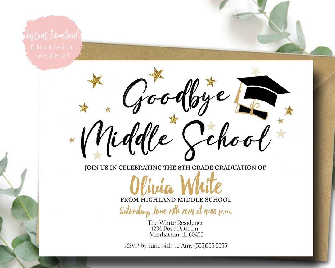Personalized 8th Grade Graduation Invitation Good Bye Middle School ...