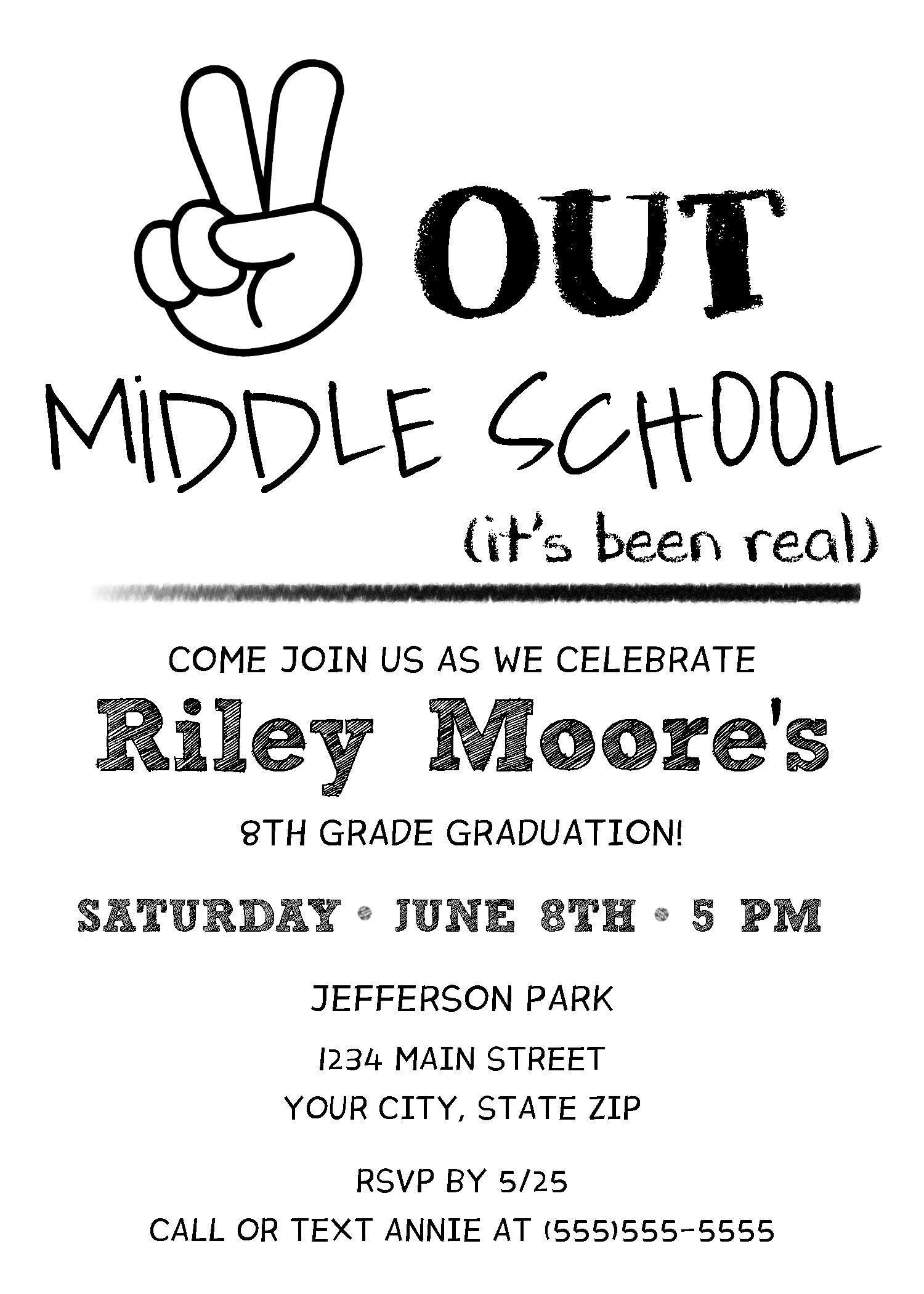 Personalized Middle School Graduation Invitation Peace Out Middle ...
