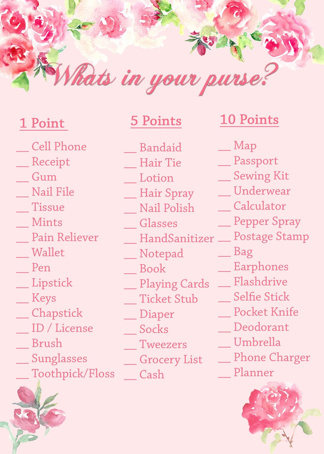 Baby or Bridal Shower Game What's in Your Purse - Etsy