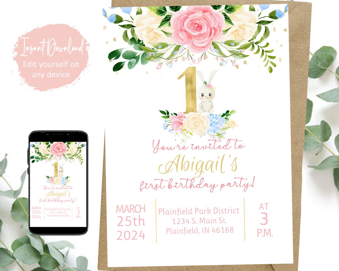 First Birthday Invitation for A Girl Instant Download - Etsy
