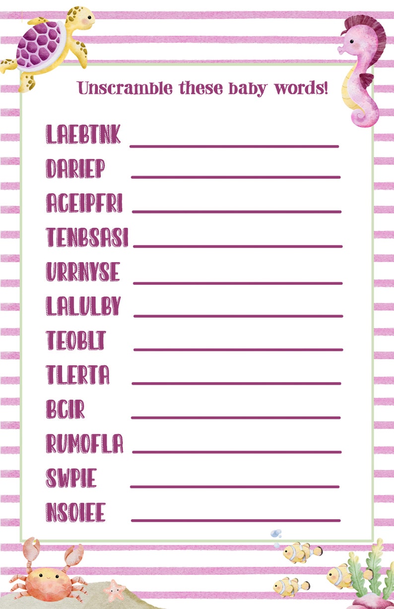 Baby Shower Word Scramble Pink Under the Sea Word Scramble Baby Shower ...