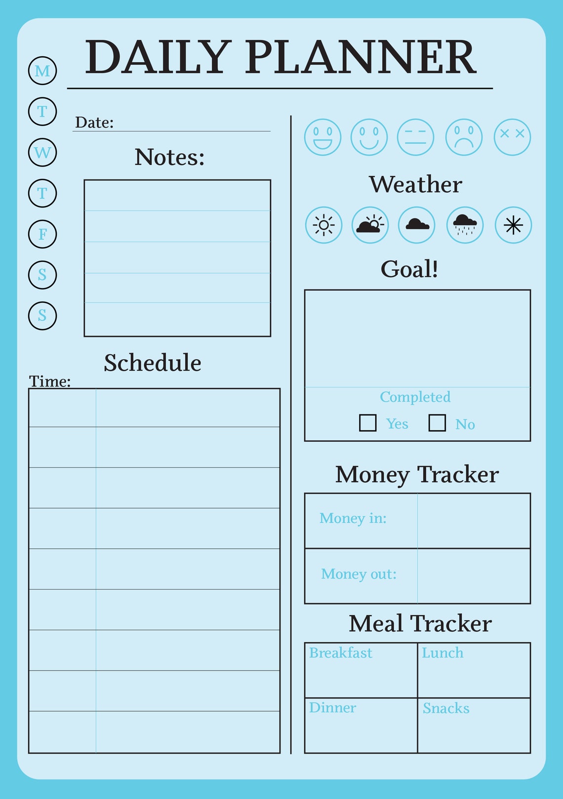 Printable Daily Planner, Blue Daily Planner, to Do List, Instant ...
