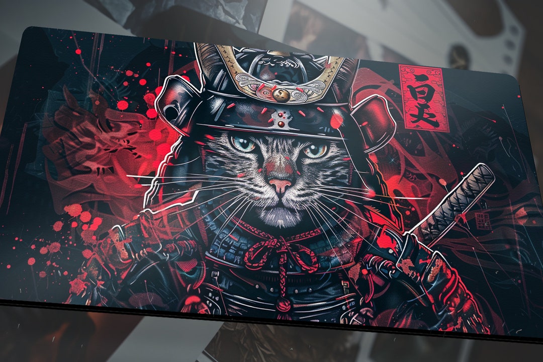 Samurai Cat Warrior PC Gamer Desk Mat MTG Cat Playmat Red Ninja Gaming ...