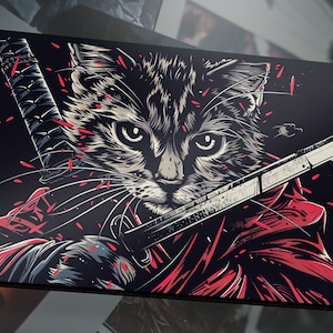 Red Samurai Warrior Cat Desk Mat Ninja Kitten PC Gaming Deskmat MTG Cat ...