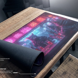 Futuristic Gaming Desk Mat Anamorphic Cat Playmat RPG PC Gamer Neon Bar ...