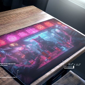Futuristic Gaming Desk Mat Anamorphic Cat Playmat RPG PC Gamer Neon Bar ...