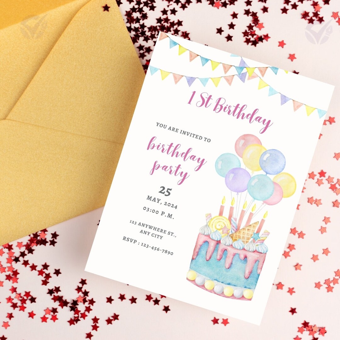 1 Year Baby Birthday Invitation Card 1st Birthday Baby Girl Birthday ...