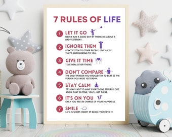 7 Rules of Life Poster, Therapy Office Decor, Mental Health, Life Rules ...