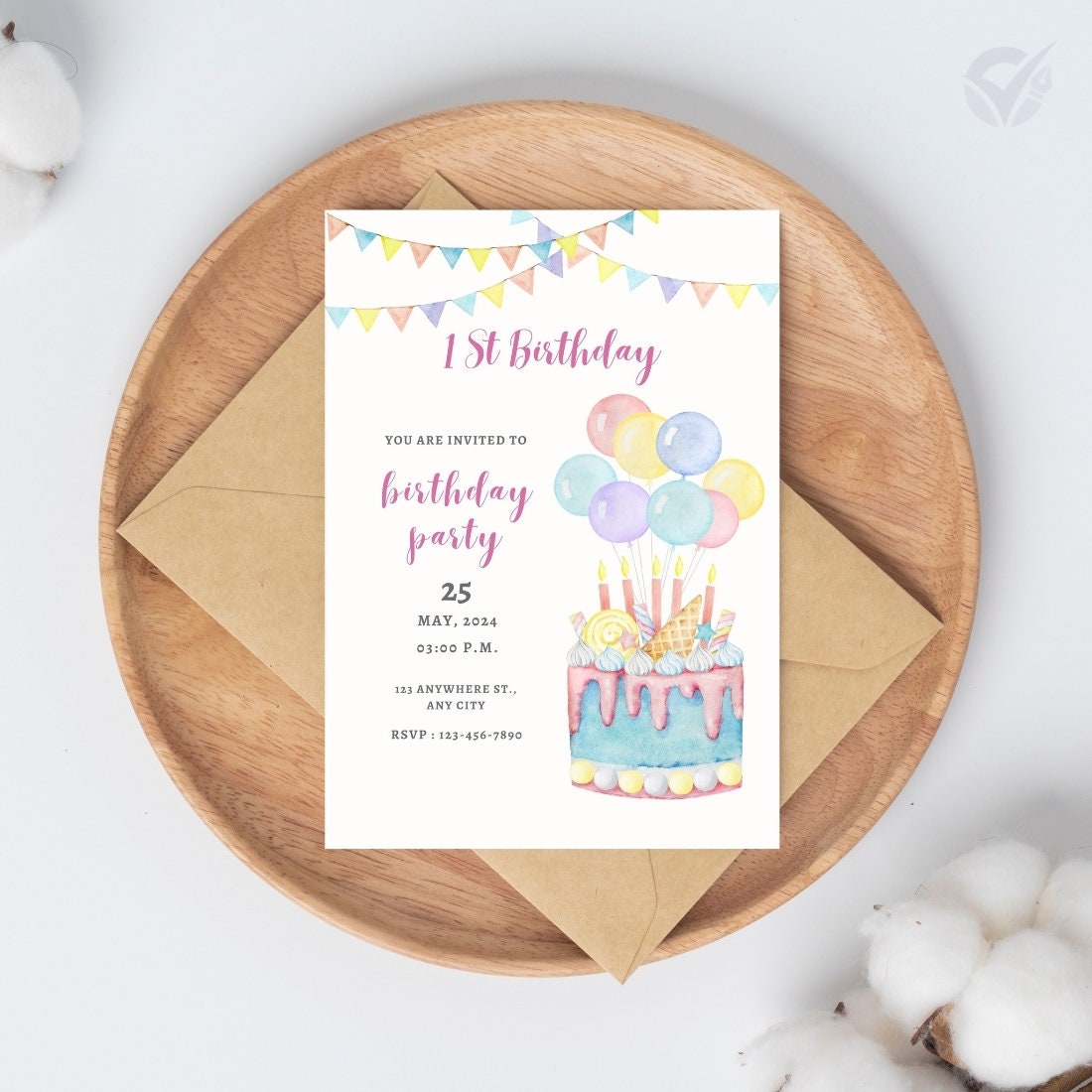 1 Year Baby Birthday Invitation Card 1st Birthday Baby Girl Birthday ...