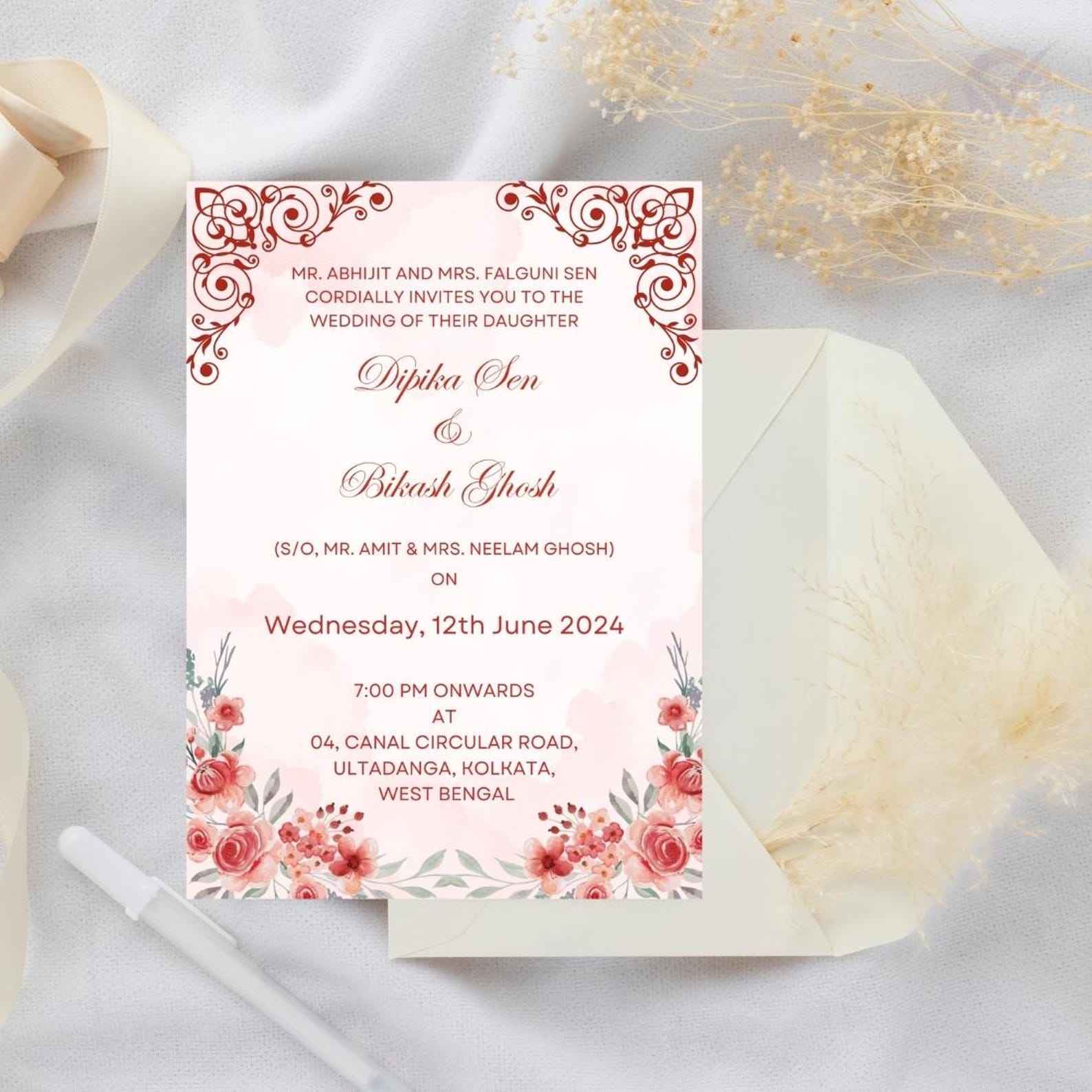 Bengali Wedding Invitation Card in English Customizable Canva Design - Etsy