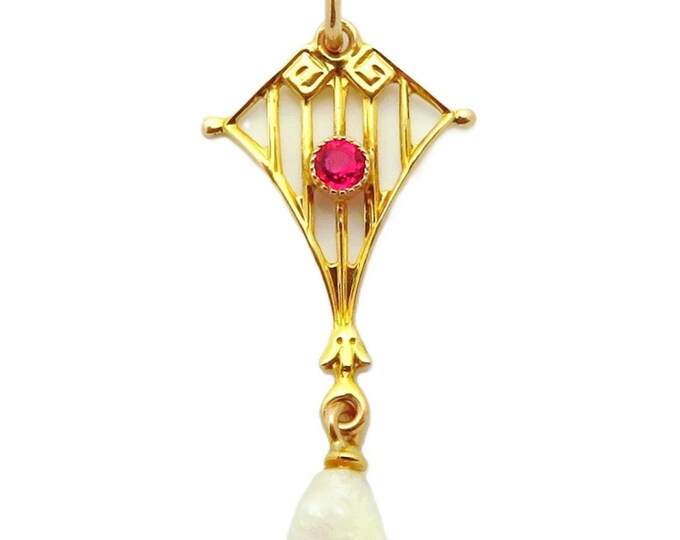 Antique Art Nouveau Deco 10K Yellow Gold Ruby & Pearl Lavalier Pendant ...