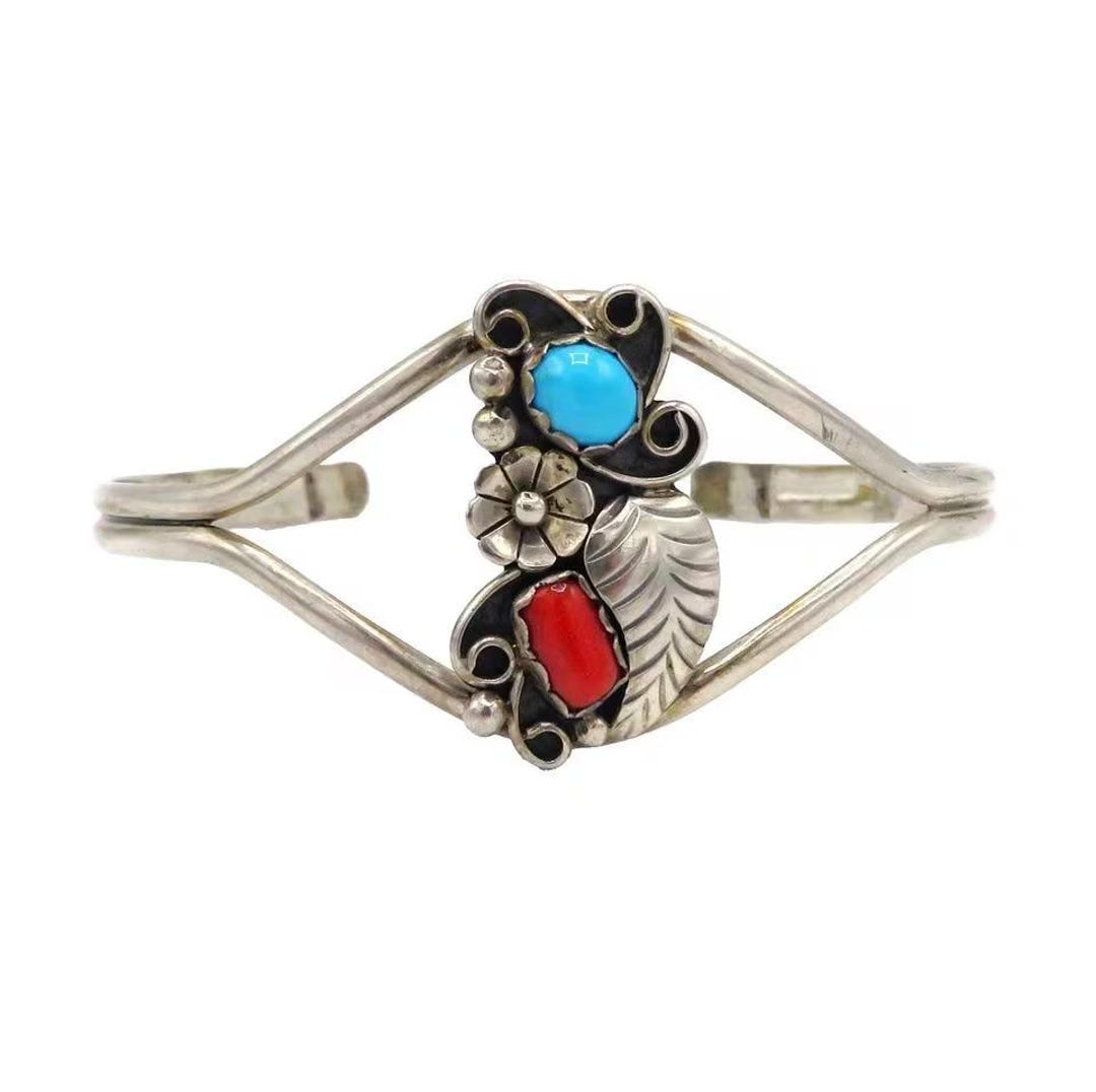 Vintage Mike Begay Navajo Sterling Silver Turquoise & Coral Flower Cuff ...